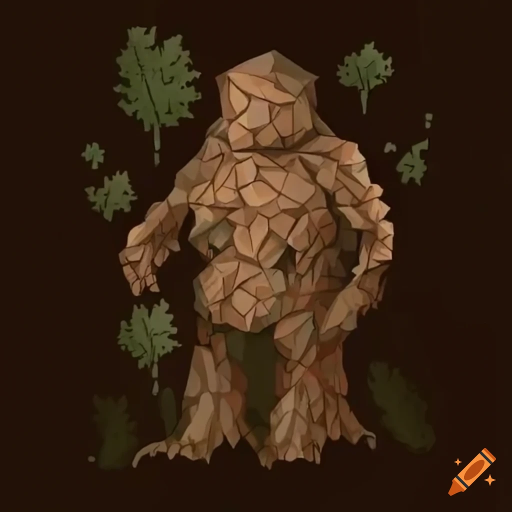 Small bark-covered golem in a forest on Craiyon
