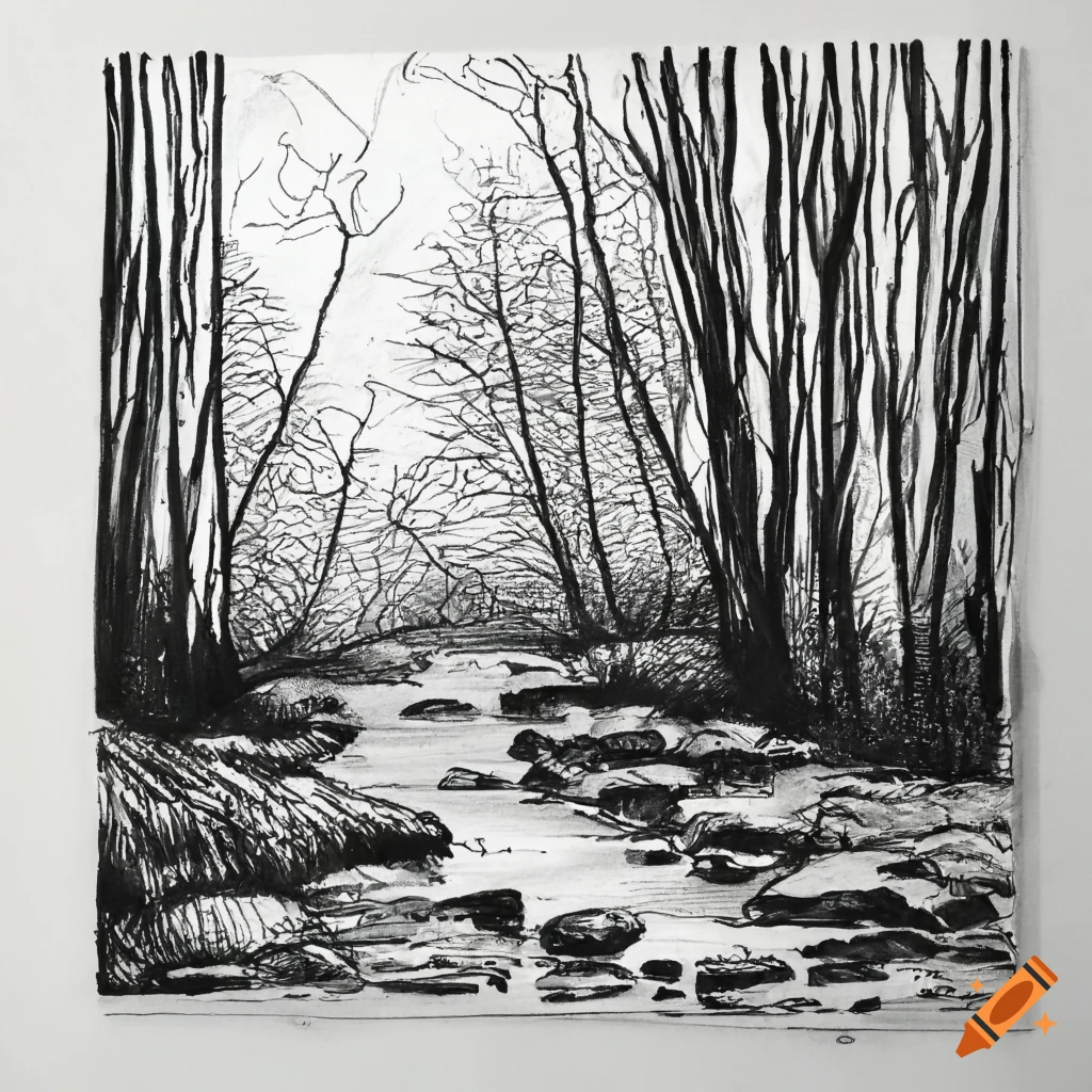 Ink drawing of a meandering brook on Craiyon