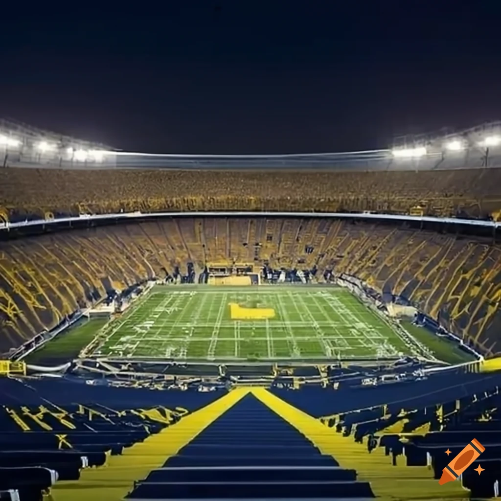 Futuristic michigan football stadium in maize and navy colors