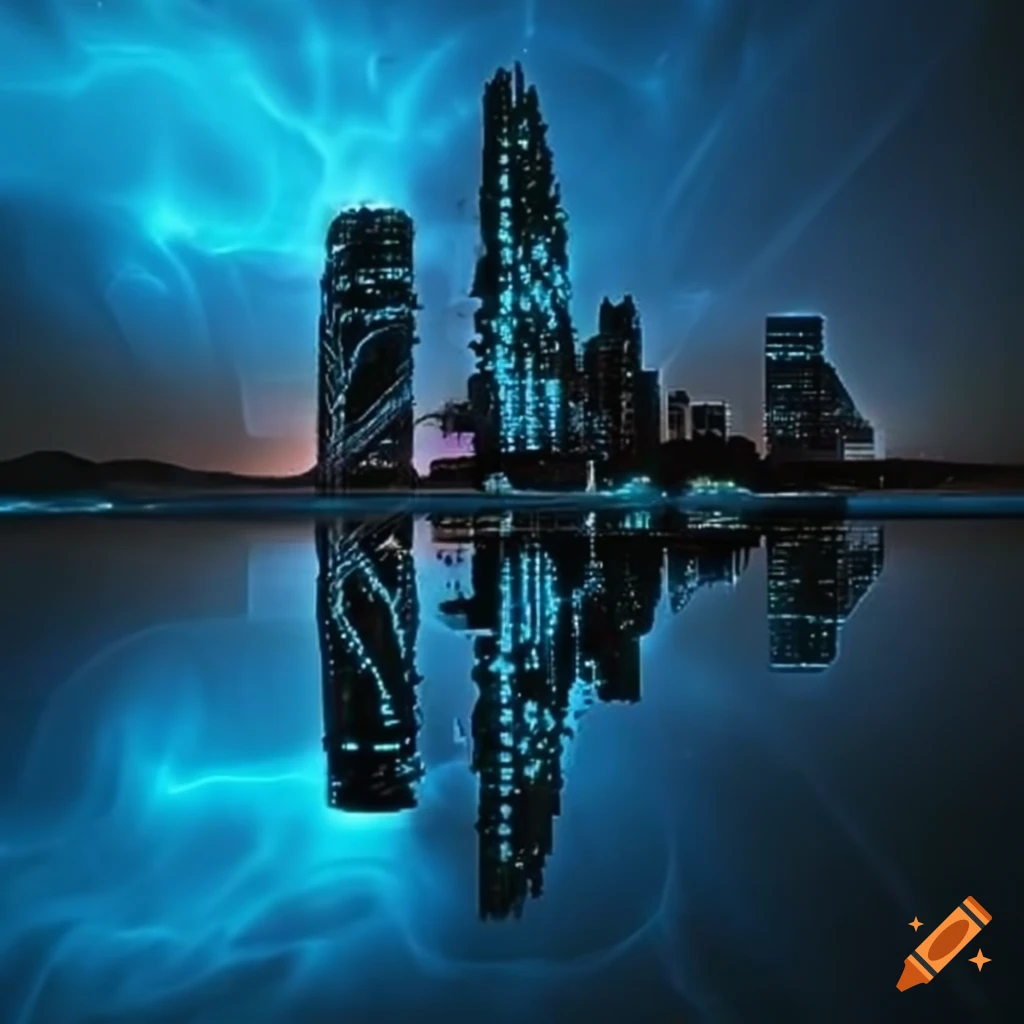 Neon-lit cityscape with a celestial goddess and mesmerizing sculptures ...