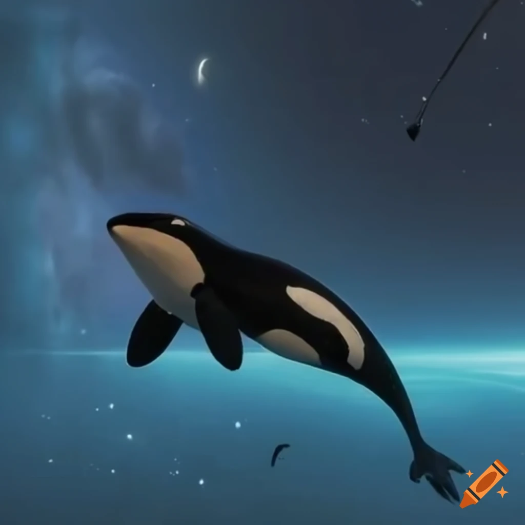 Surreal orca flying in space