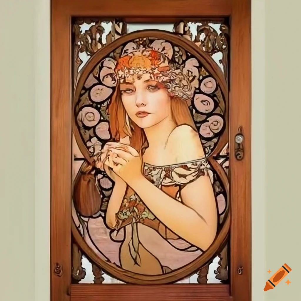 Hyper realistic Alphonse Mucha inspired wooden door on Craiyon