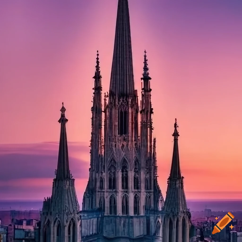 Sunset view of a gothic cathedral in a european city on Craiyon