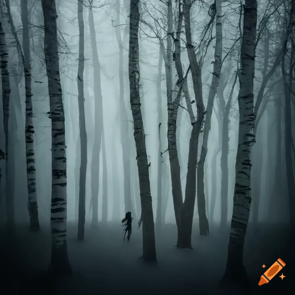 White birch forest in mist with creepy shadow figure on Craiyon