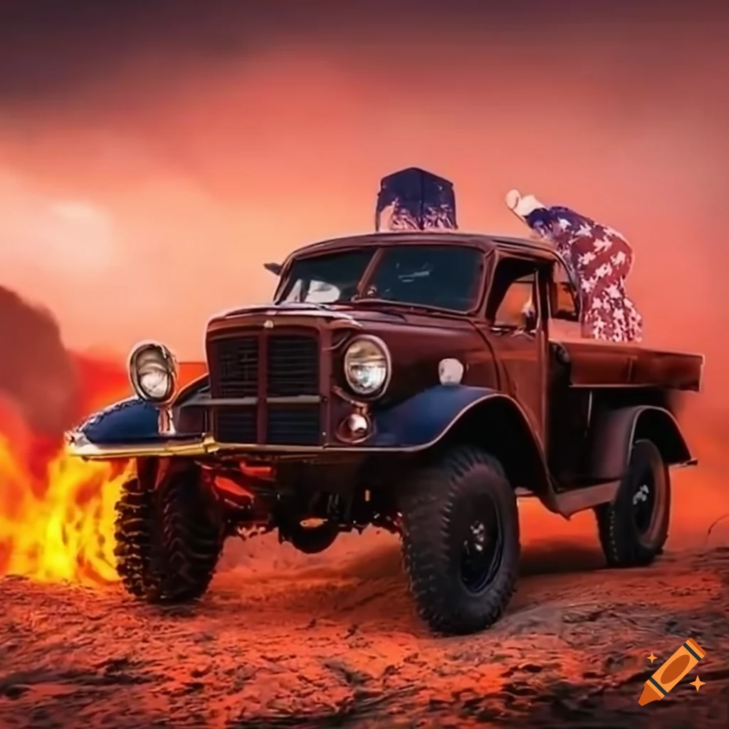 Dodge power wagon conquering a volcano with american flag on Craiyon