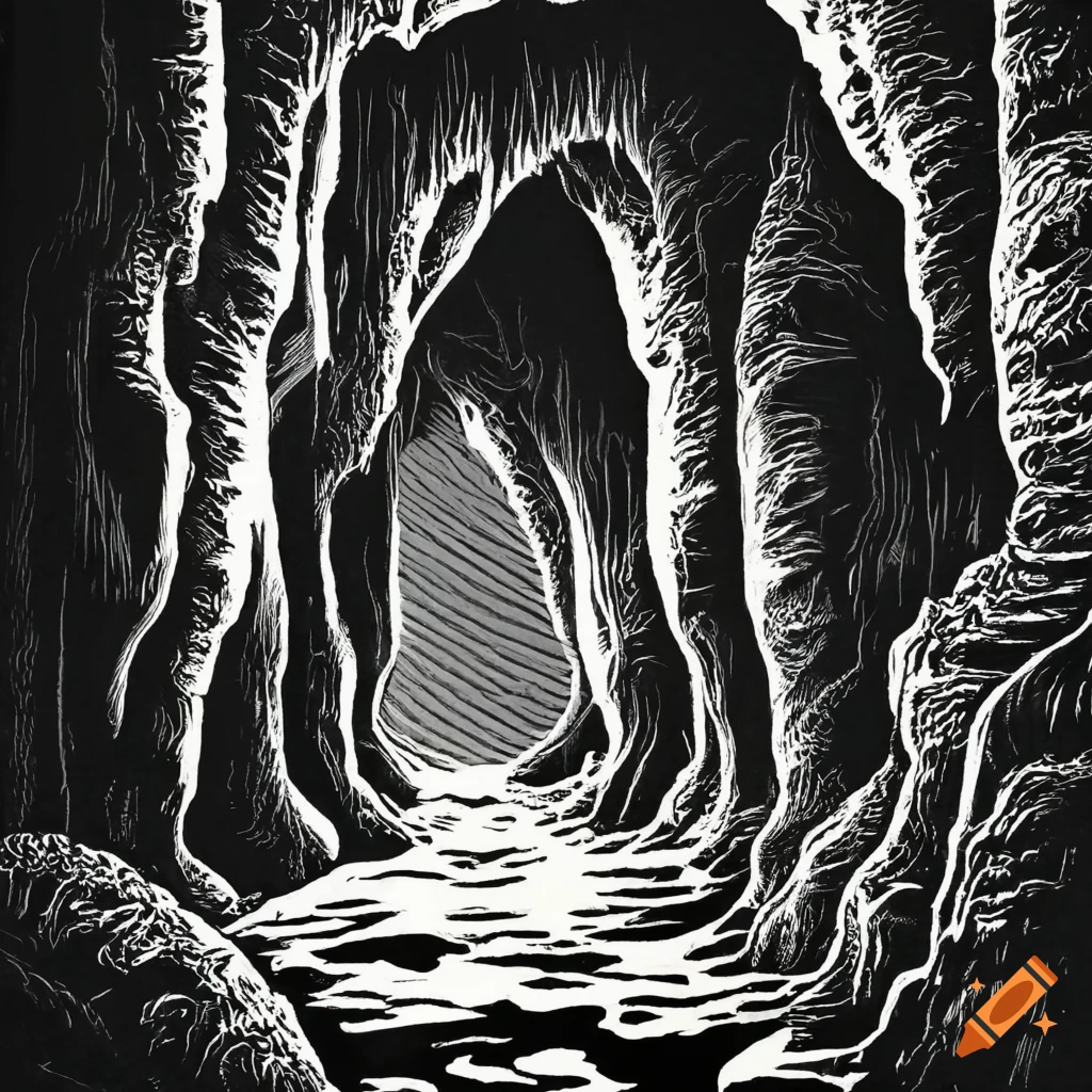 Black and white woodcut of a distant chasm on Craiyon