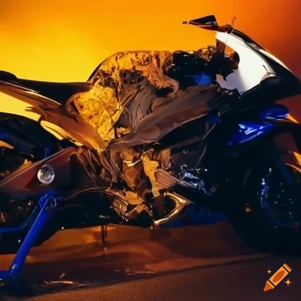 Damaged Yamaha R7 motorcycle after a serious accident on Craiyon
