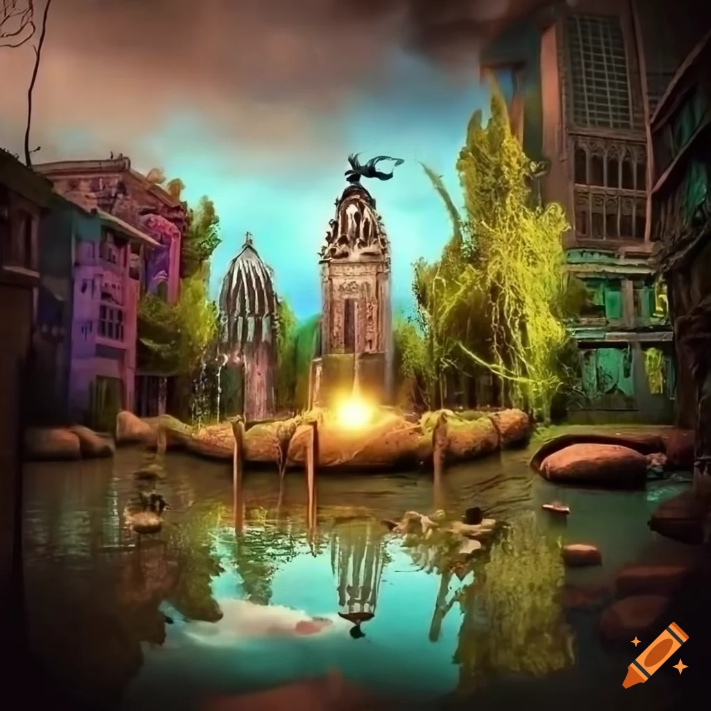 Surrealist city park with graffiti and hybrid creatures on Craiyon