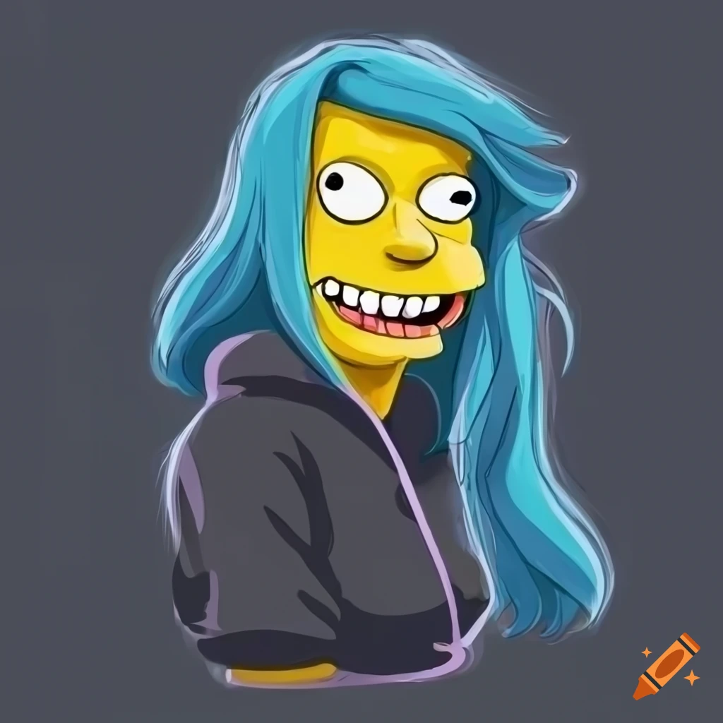 Cartoon character with blue hair and black hoodie on Craiyon