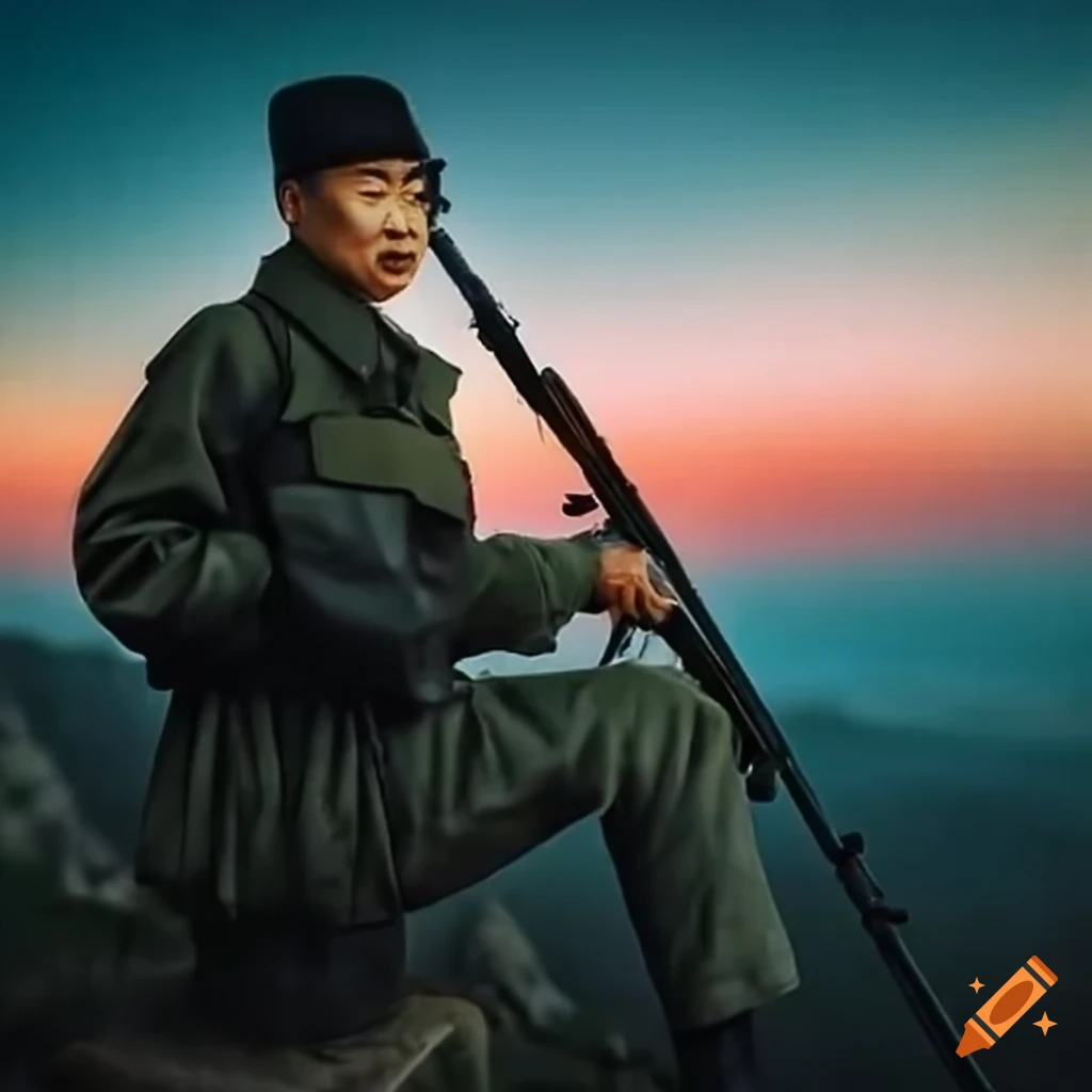 Portrait of young mao zedong with a rifle