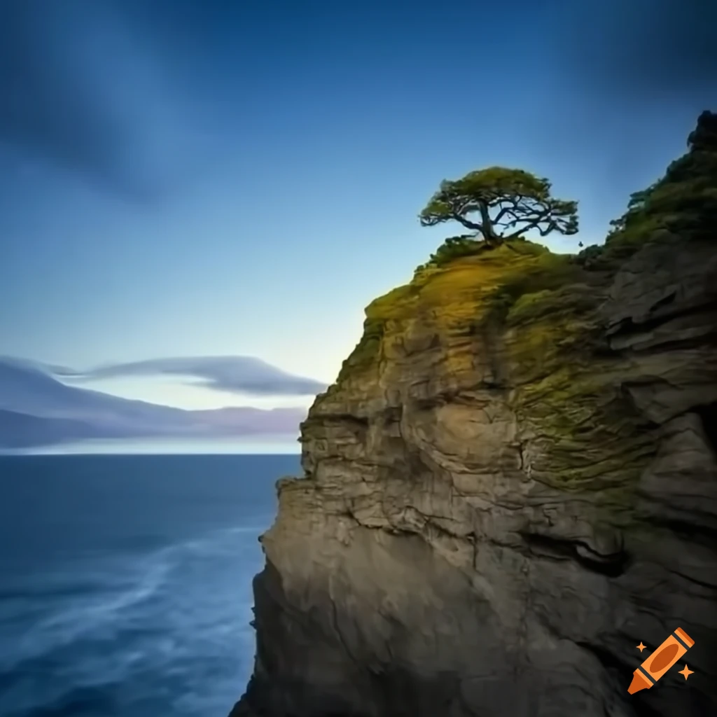 Oak tree on a cliff with crashing wave on Craiyon