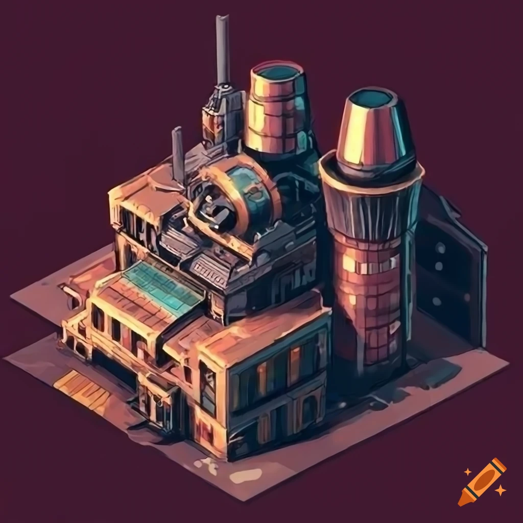Isometric view of a military factory in an industrial steam punk setting