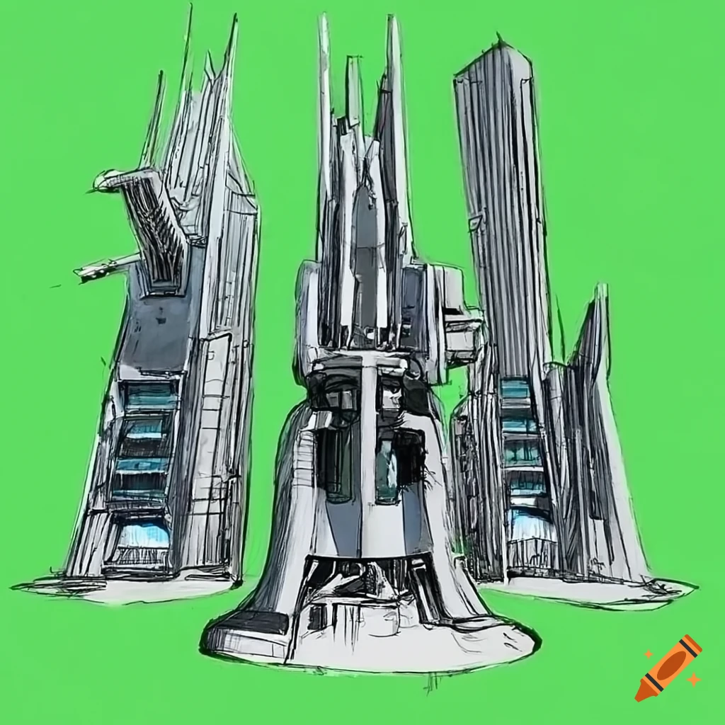 Sketch of a futuristic alien skyscraper on Craiyon