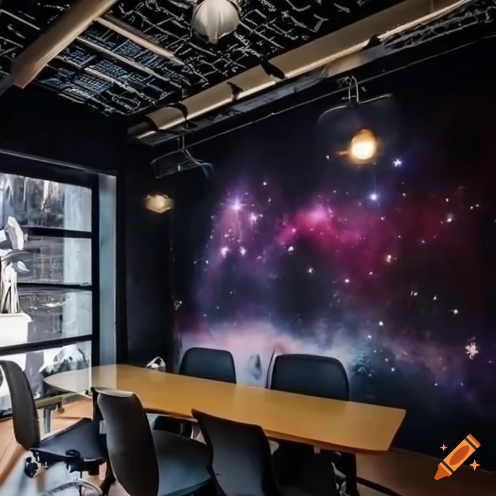 Coworking space with galaxy-themed decorated walls on Craiyon