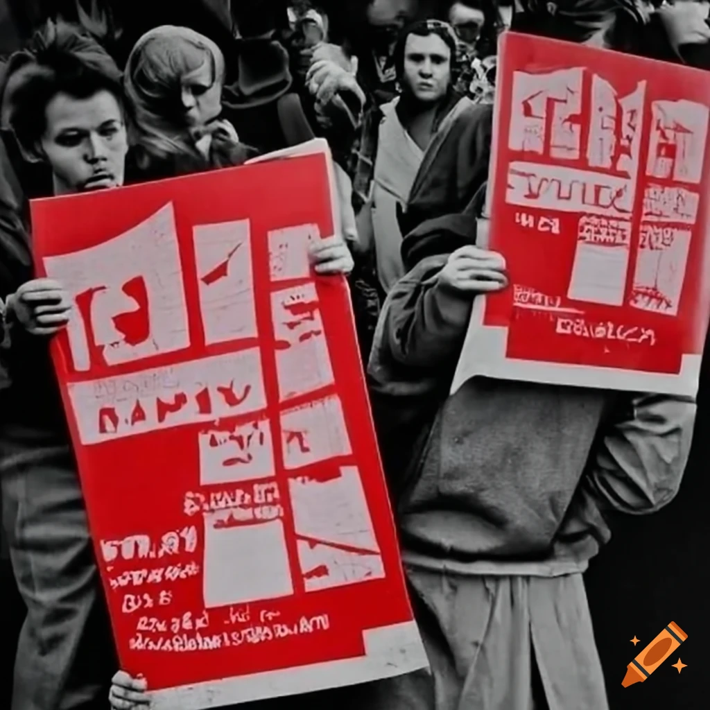 Demonstrators holding red script posters