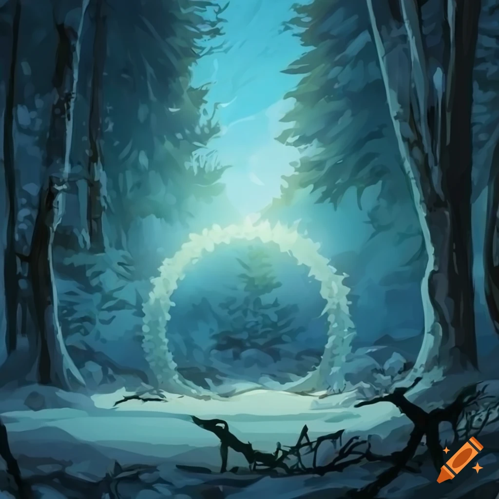 Illustration of a magical stone ring in a snowy forest on Craiyon