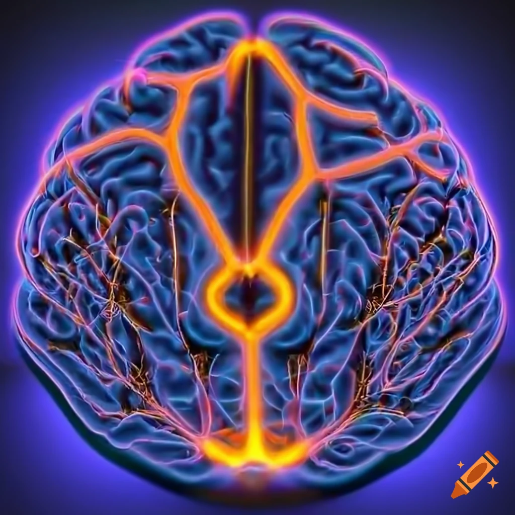Abstract art of blue plasma orb with an orange brain on Craiyon