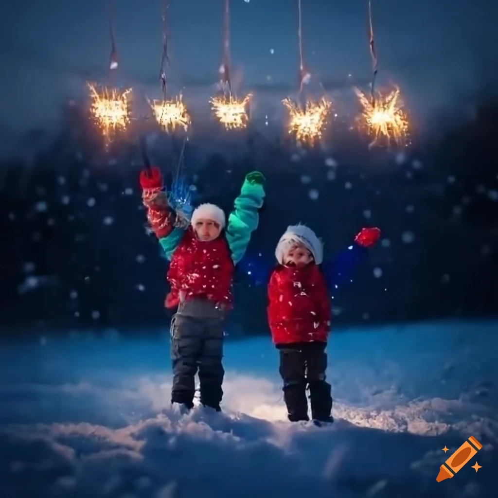 Kids playing in the snow with christmas lights