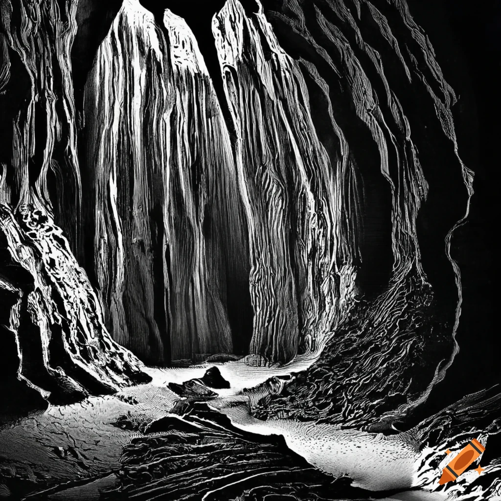 Woodcut of a distant cavernous chasm