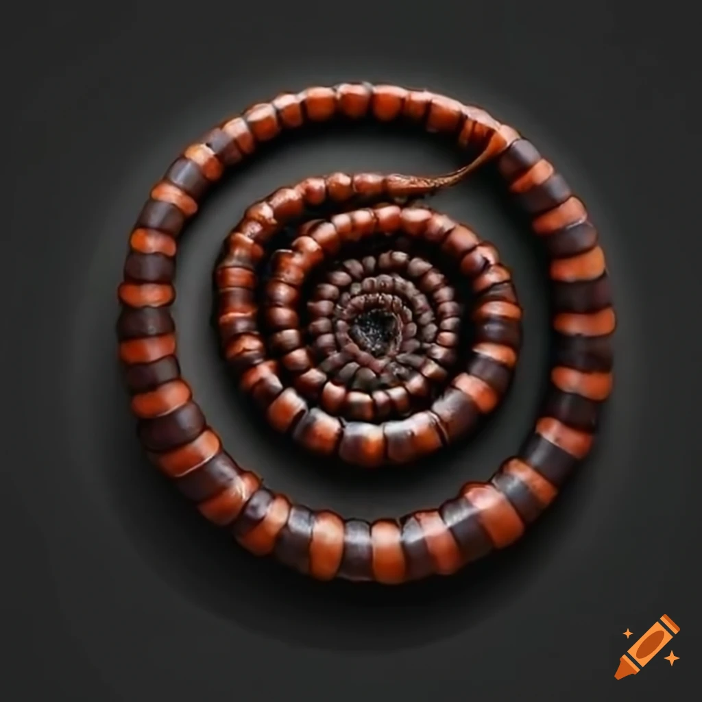 Black and white photograph of a coiled centipede