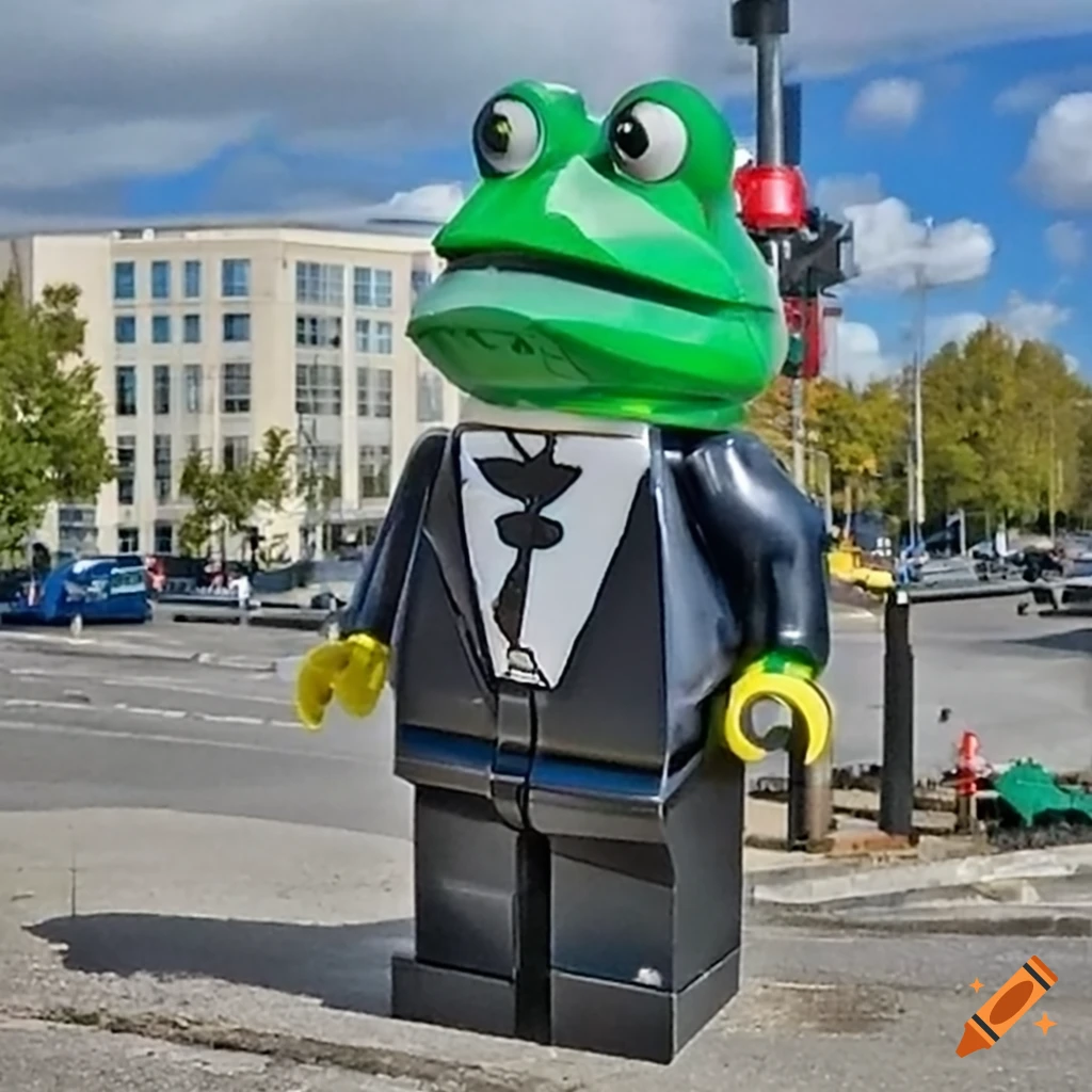 Street art of a giant lego frog in a tuxedo