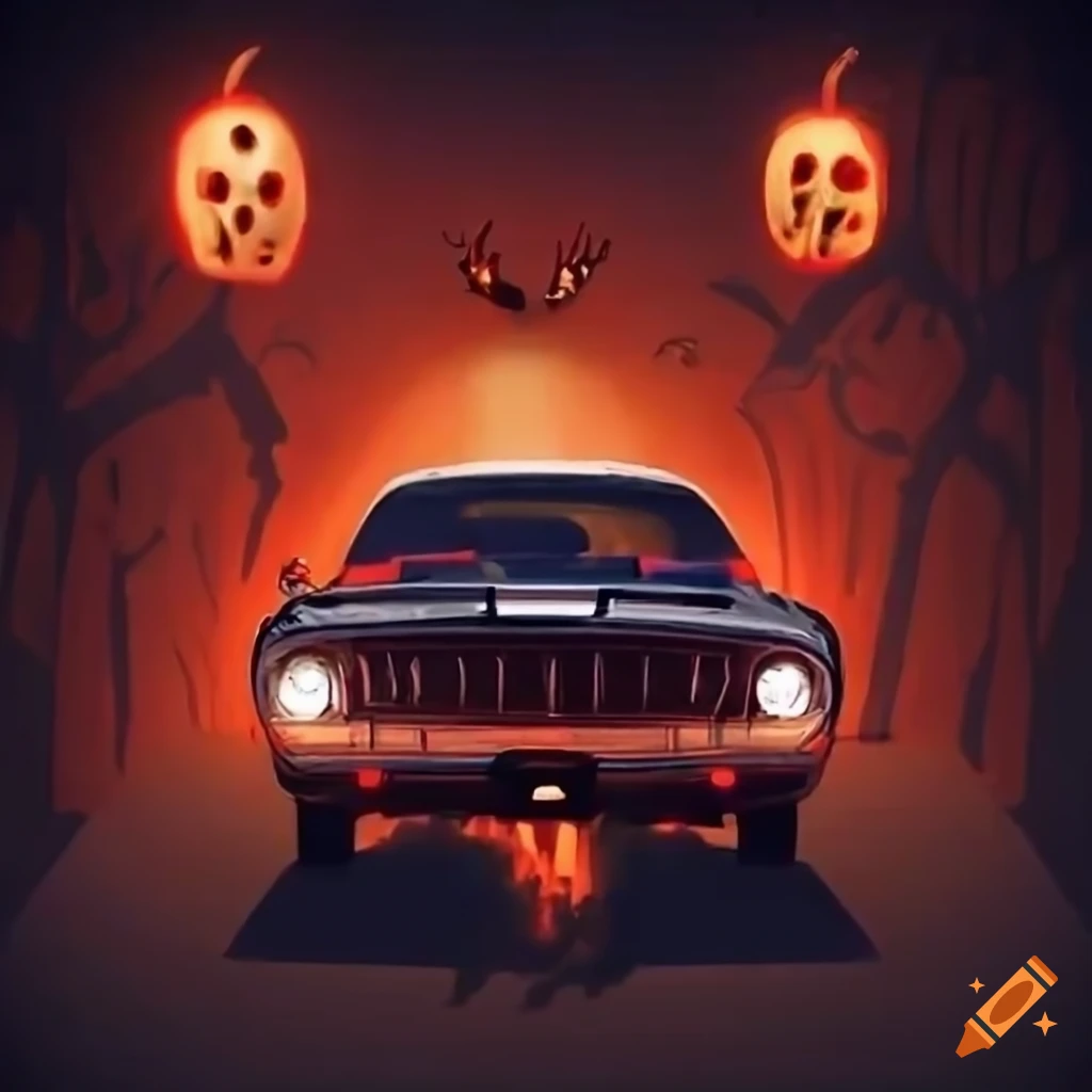 Haunting scene of a red plymouth cuda driving through a town on Craiyon