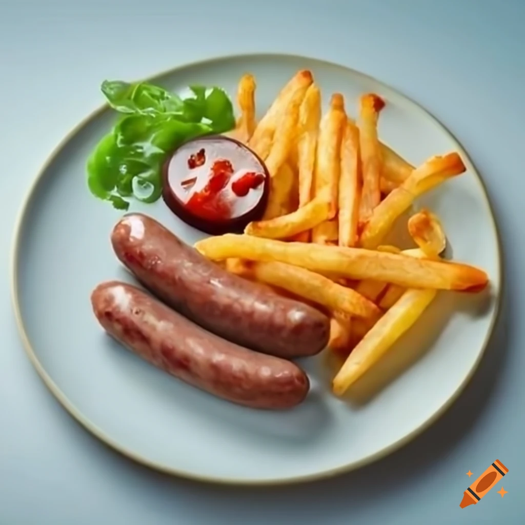 Plate of fries and a sausage on Craiyon