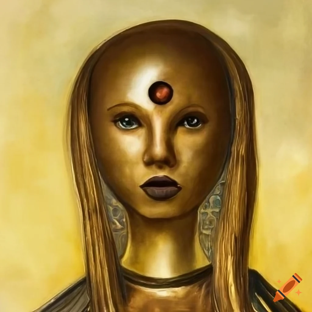 Golden metal figure with black eyes in diego rivera style