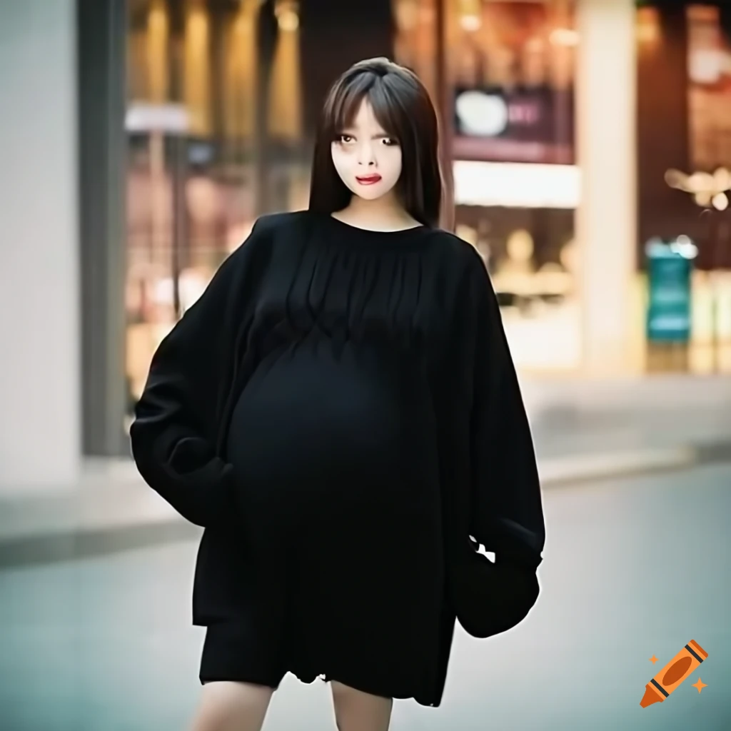 Heavily Pregnant Japanese Girl In Navy Blue Sweater And Skirt On Craiyon