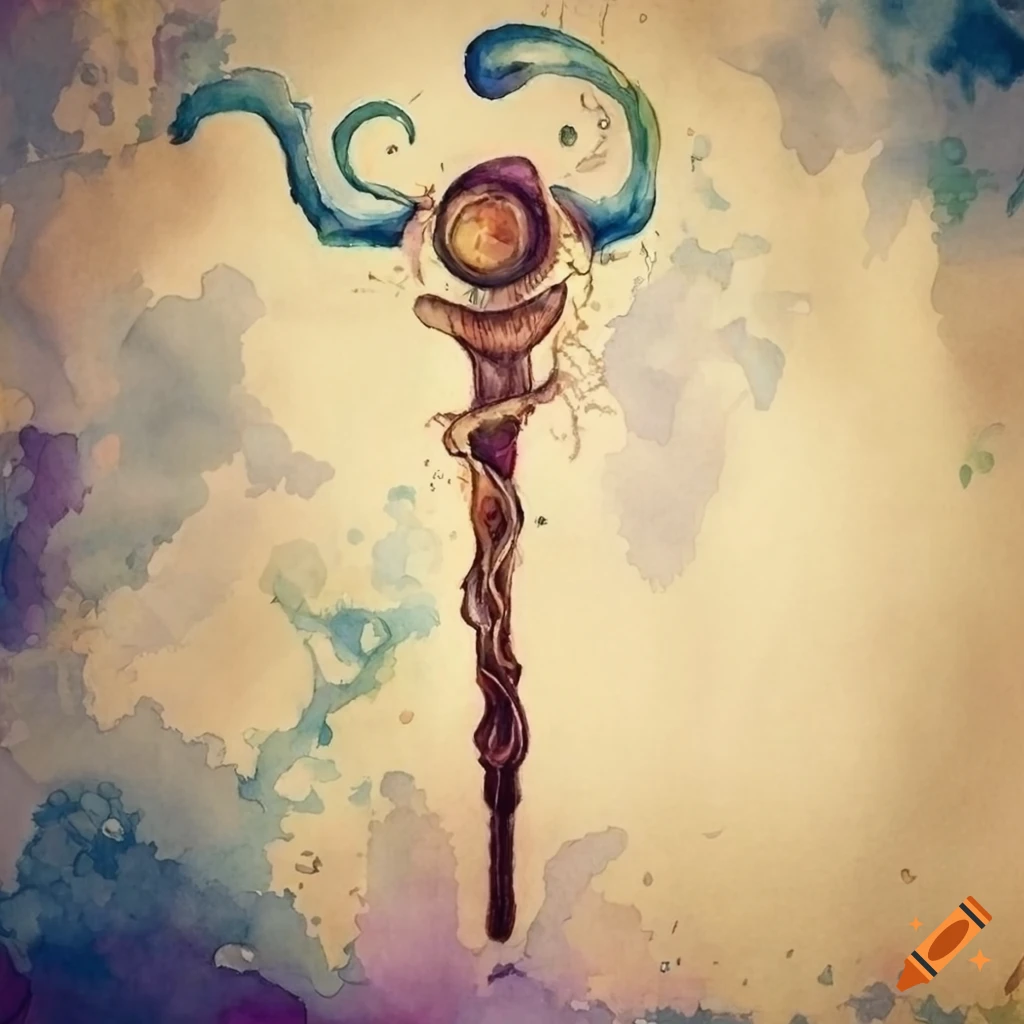 Detailed watercolor painting of a magical wooden staff on Craiyon