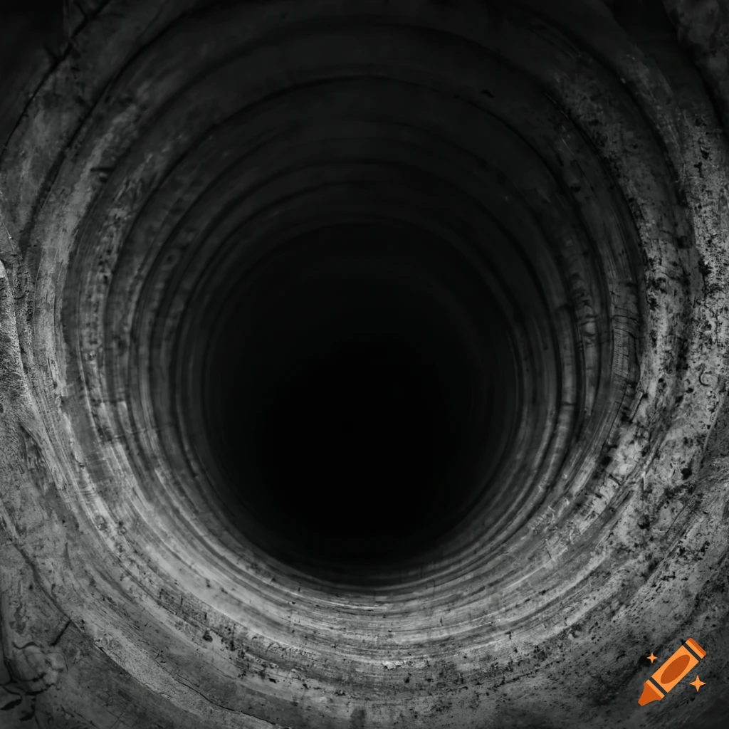 Black and white fisheye photo of a dark concrete pipe with light at the ...