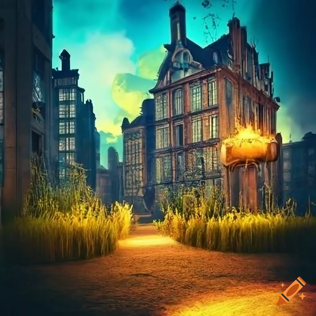 Surrealist park in futuristic urban city with sculptures and lamps on ...