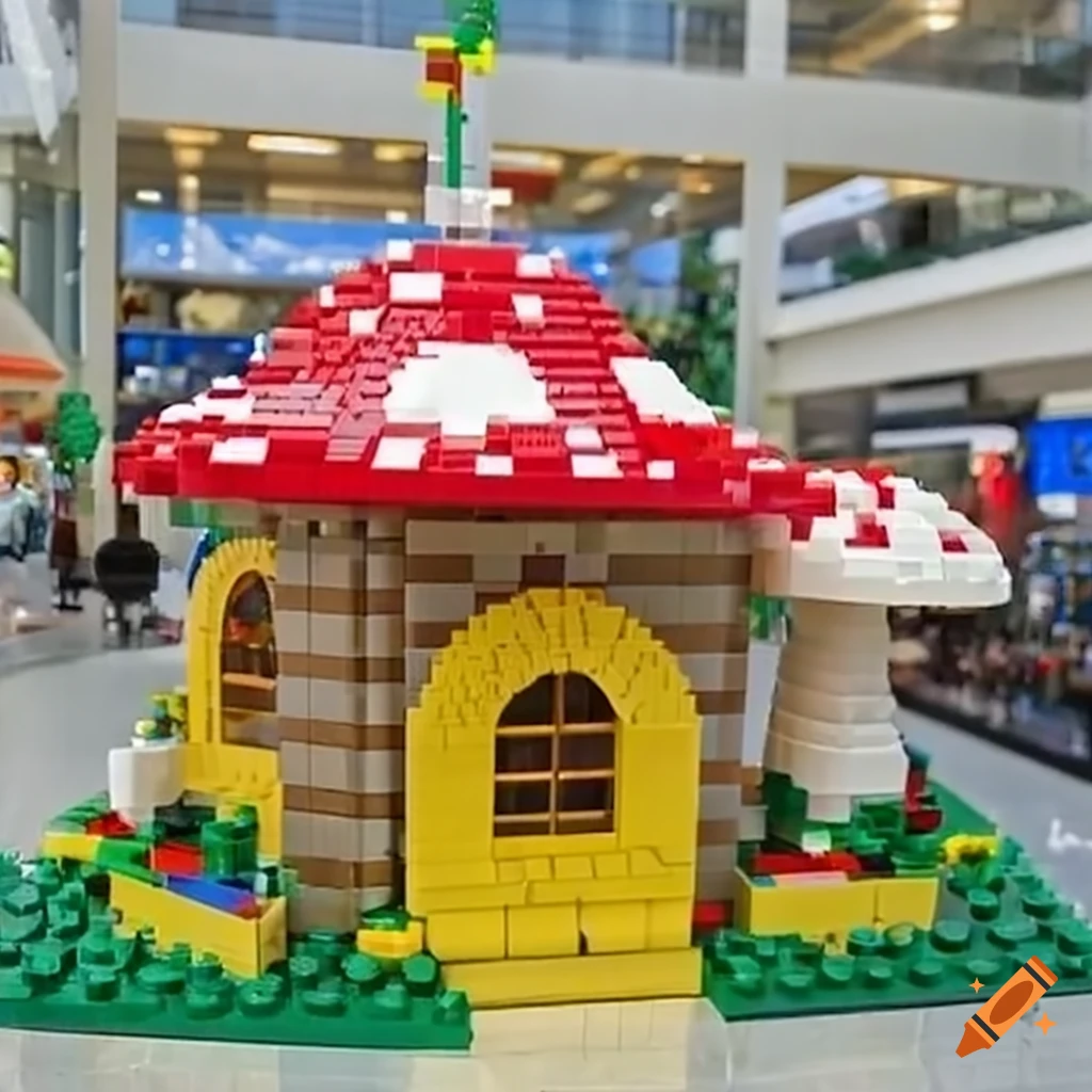 Lego mushroom house statue in a shopping center on Craiyon