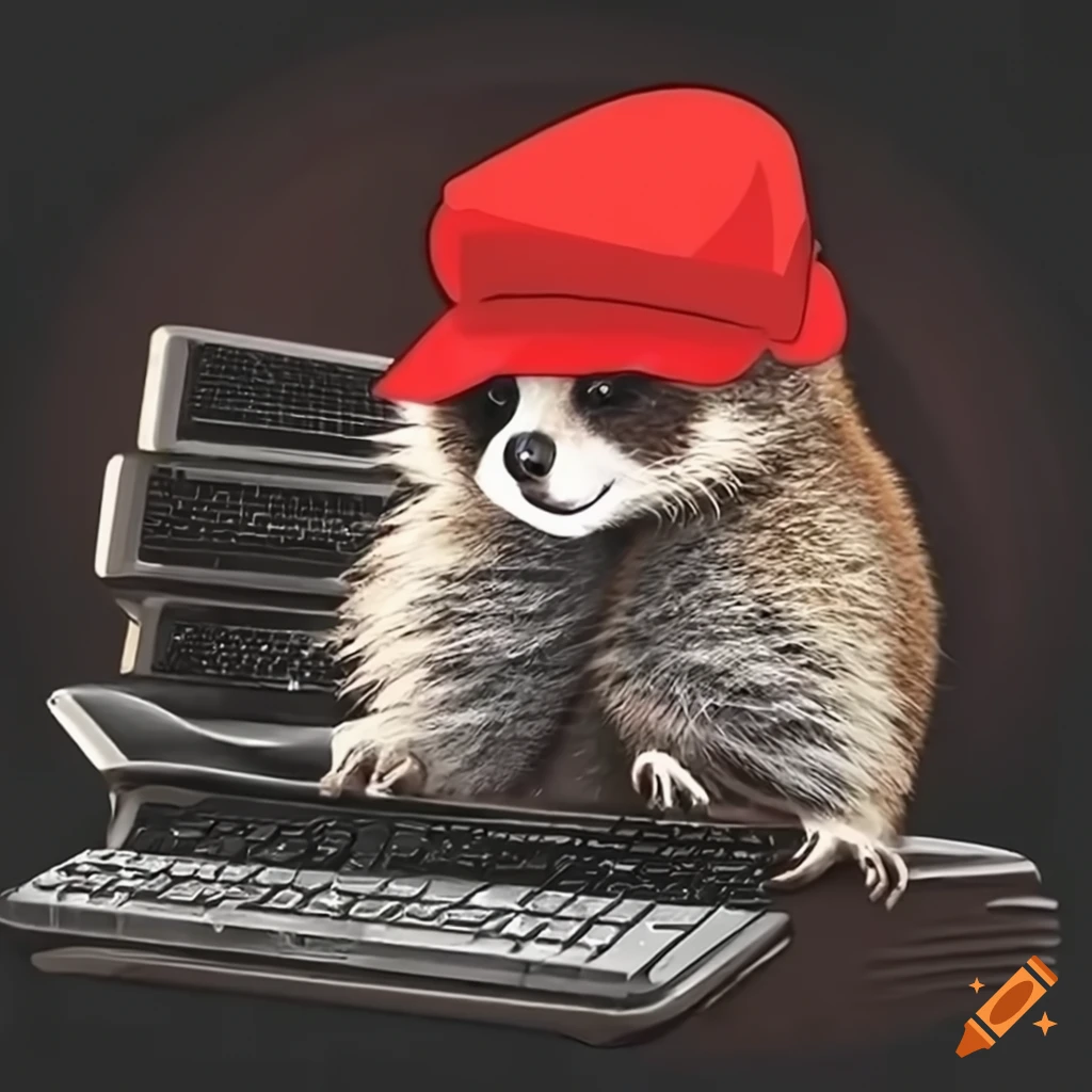 Raccoon wearing a red cap typing on a computer on Craiyon