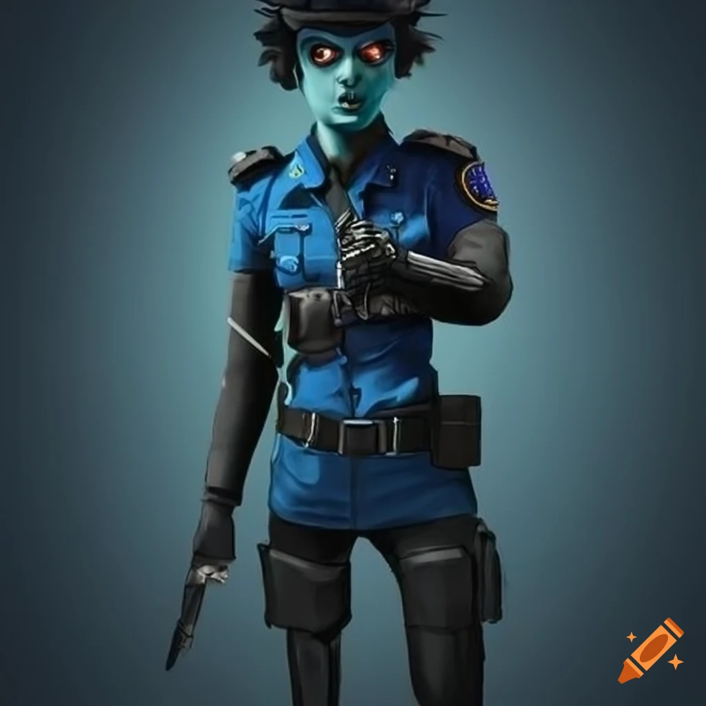 Blue-skinned alien man in police uniform on Craiyon