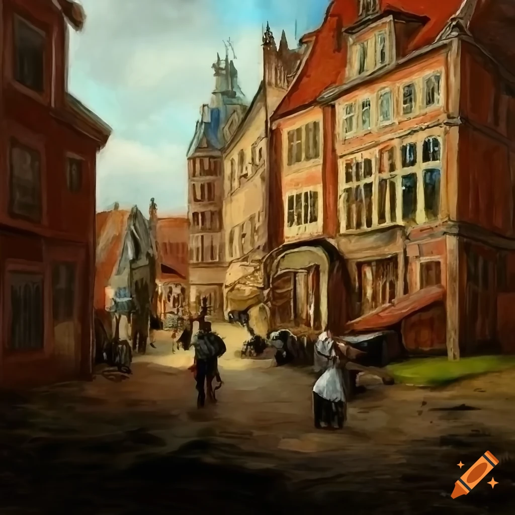 Middelalder gade med folk i en fantasy setting on Craiyon