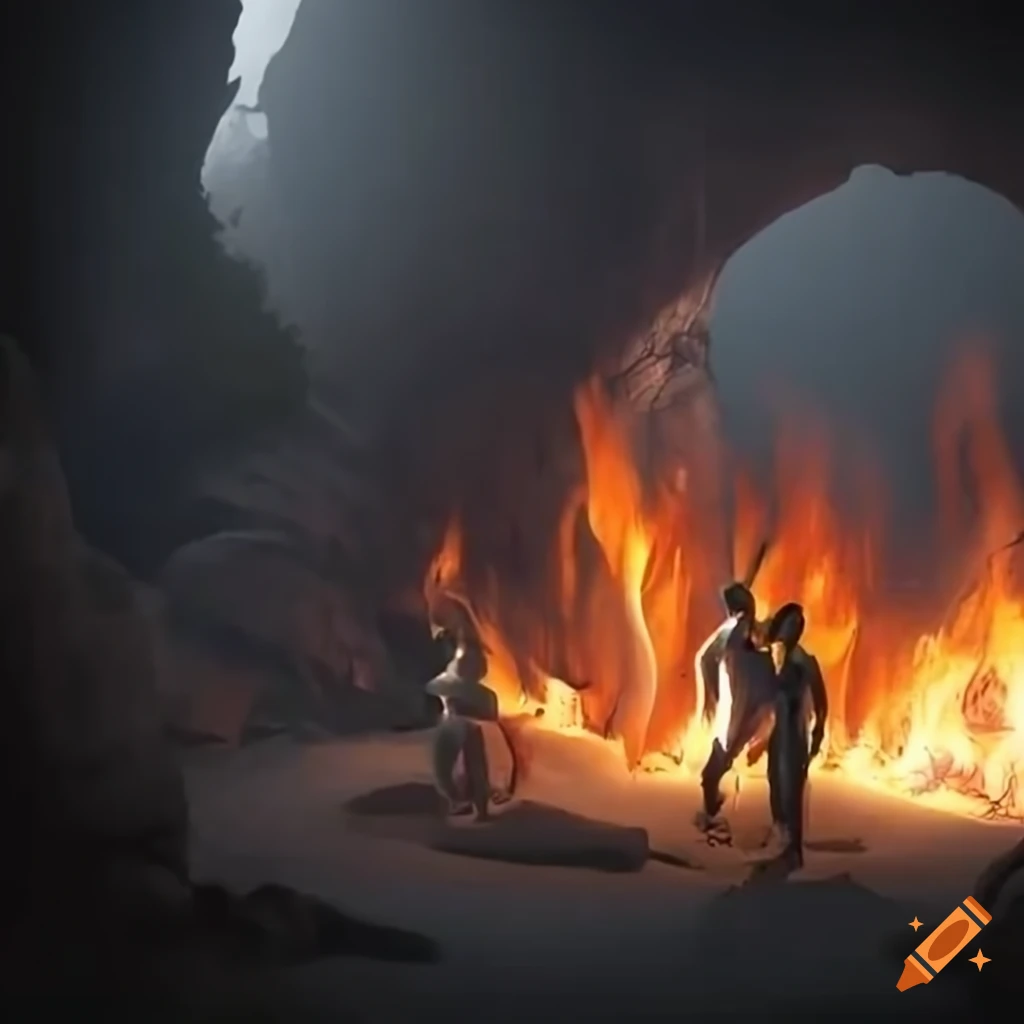 Group of humans in a cave with shadowy figures on Craiyon