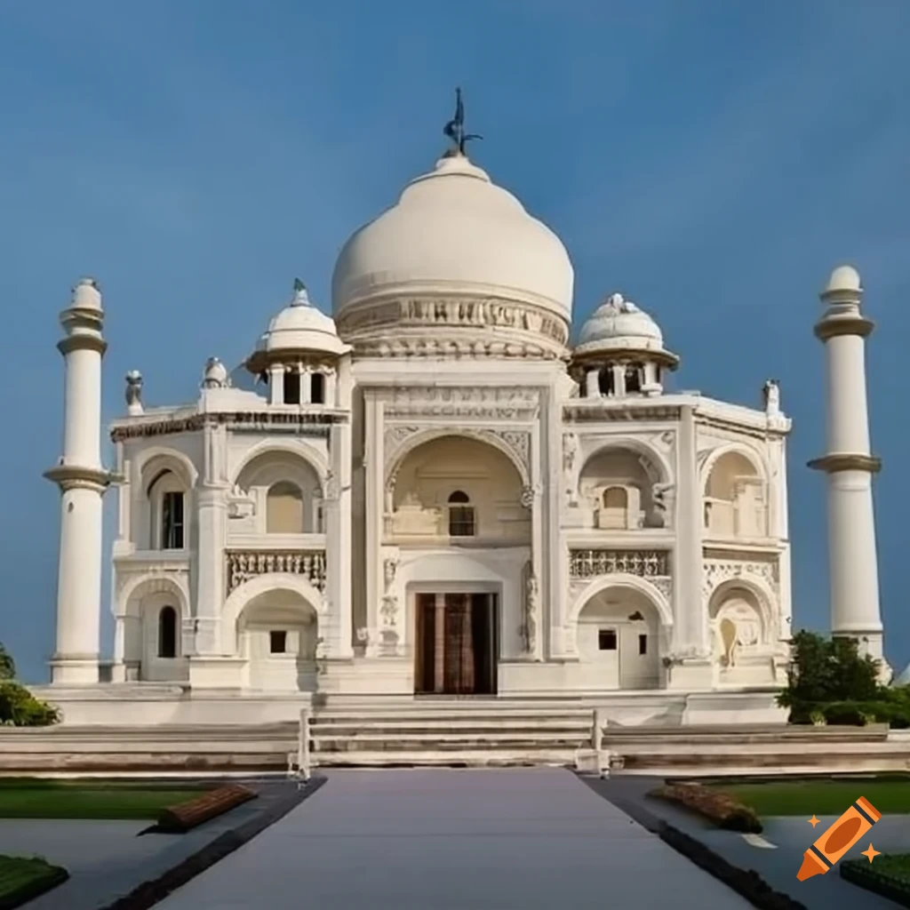 Frontal view of mahal white house in mediterranean architectural style on Craiyon