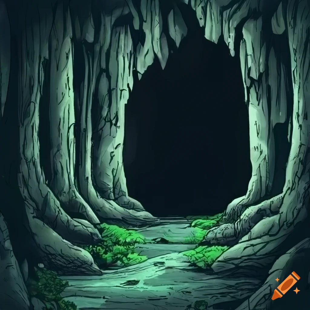 Manga-style dark cave in a tropical forest on Craiyon