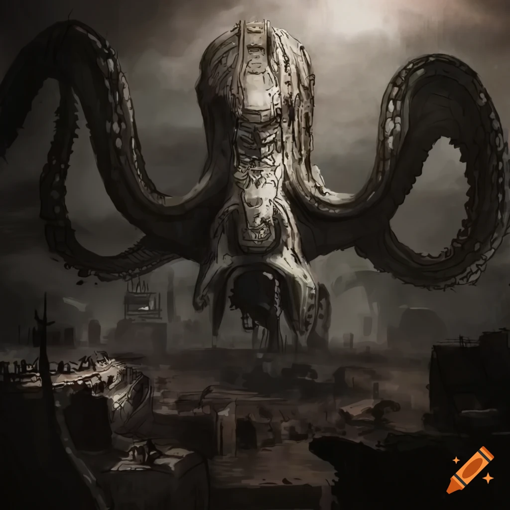 Illustration of a giant armored octopus with laserguns guarding an ...