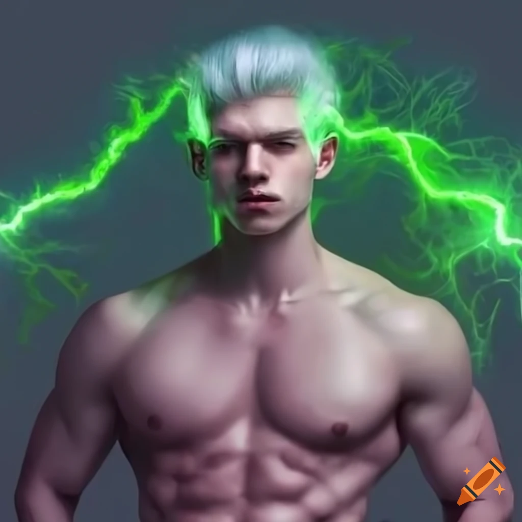 Image of a muscular man with long white hair and green lightning