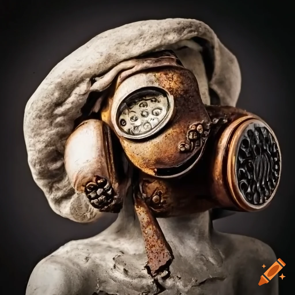 Sculpture of a humanoid made from license plate, rusty nail, telephone ...