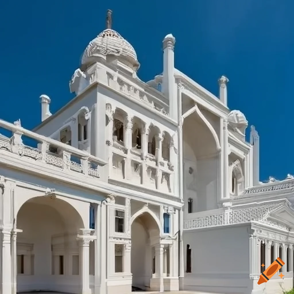 Front view of mahal white house in mediterranean architectural style on Craiyon