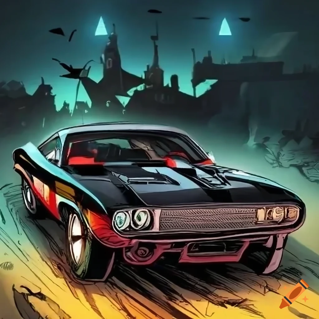 Comic book illustration of a supercharged Plymouth Cuda drag racing ...