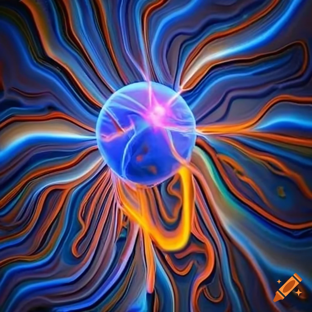 Abstract artwork of a blue plasma orb with a brain surrounded by orange ...