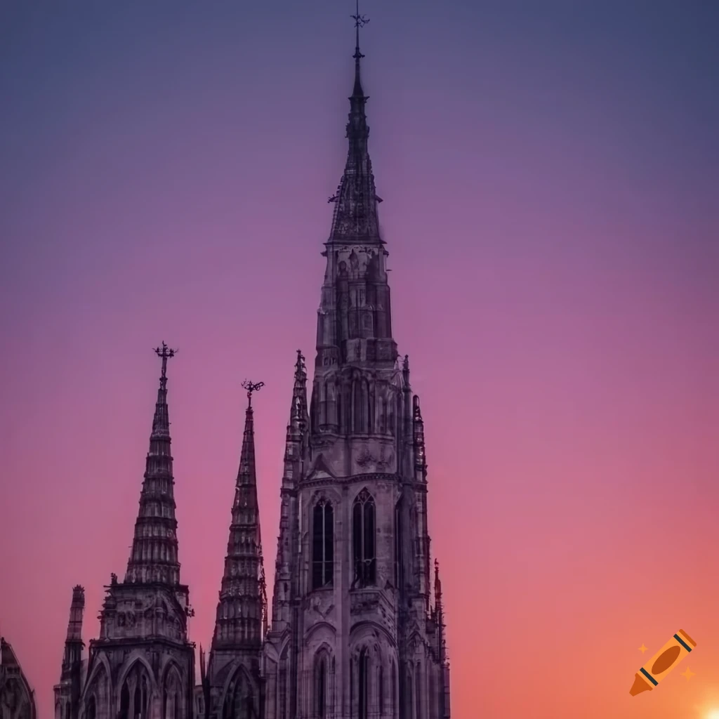 Gothic cathedral at sunset in european city on Craiyon