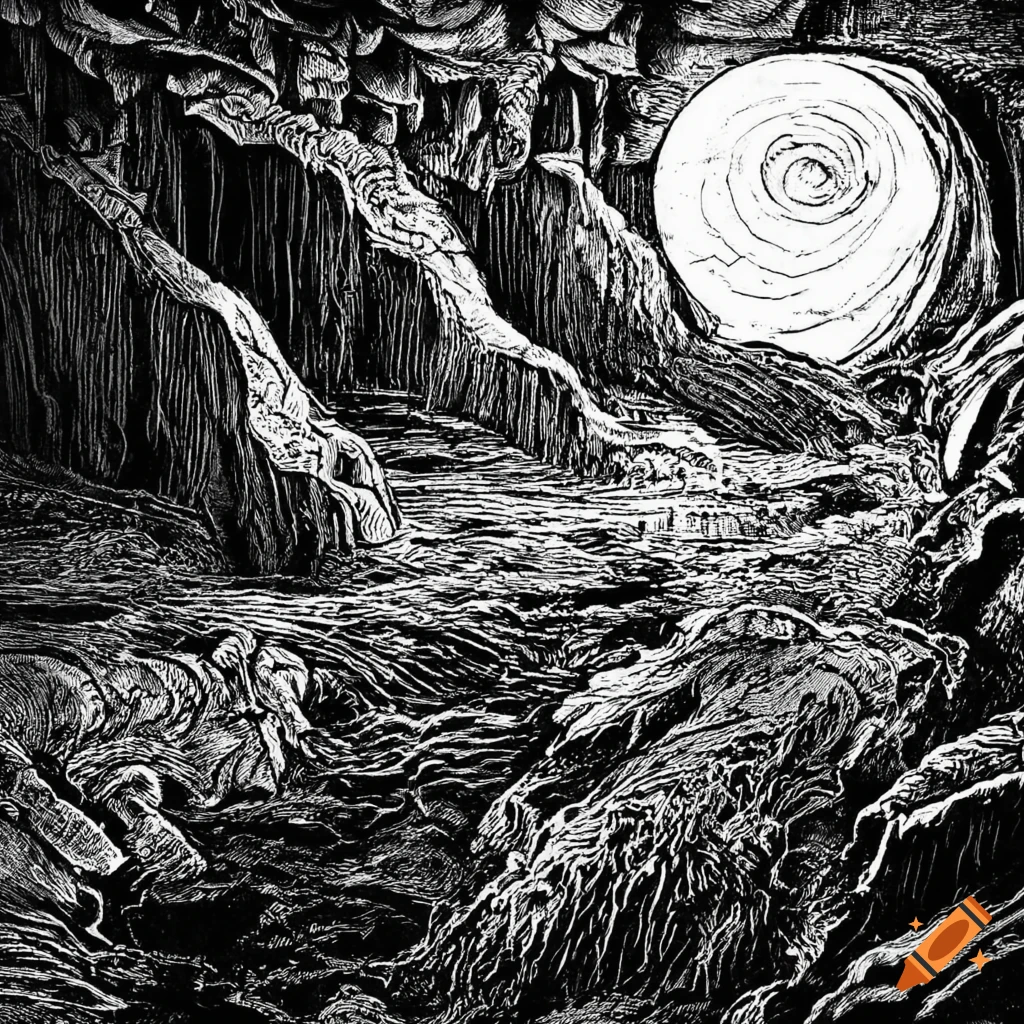 Woodcut of a distant circular chasm on Craiyon