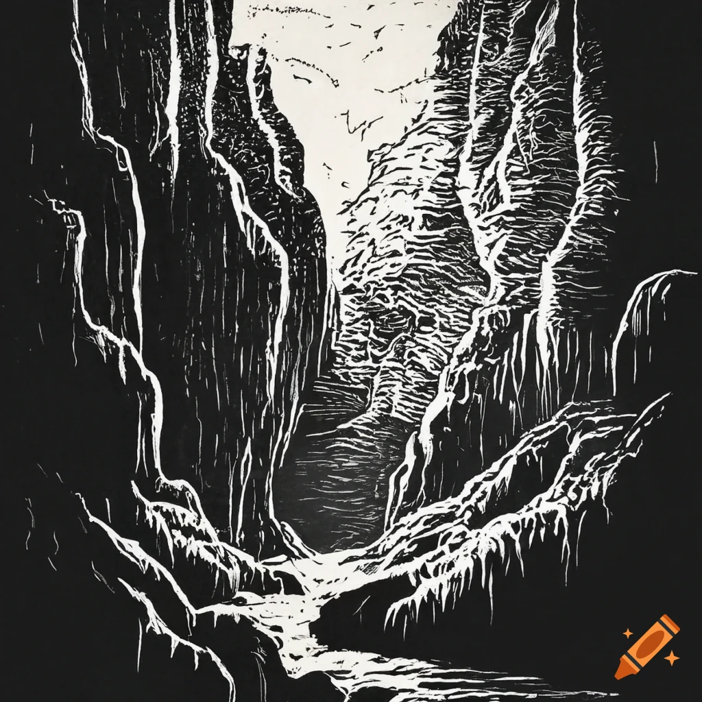 Black and white woodcut of a distant chasm on Craiyon