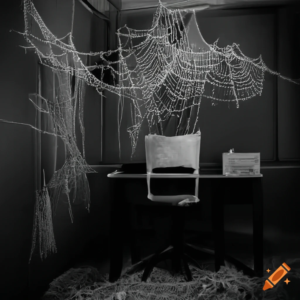 Eerie office with spider webs and decorations on Craiyon