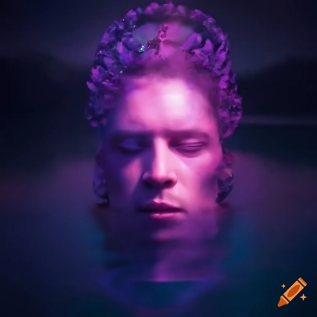 Detailed portrait of a man in a pink-lit lake on Craiyon